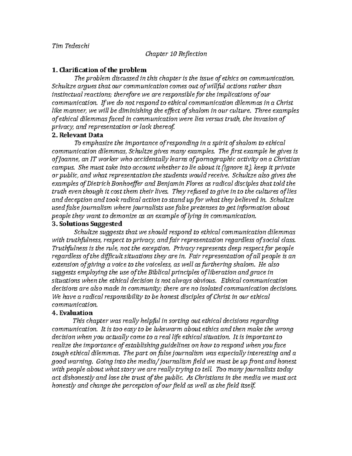 Chapter 10 Reflection - Tim Tedeschi Chapter 10 Reflection ...