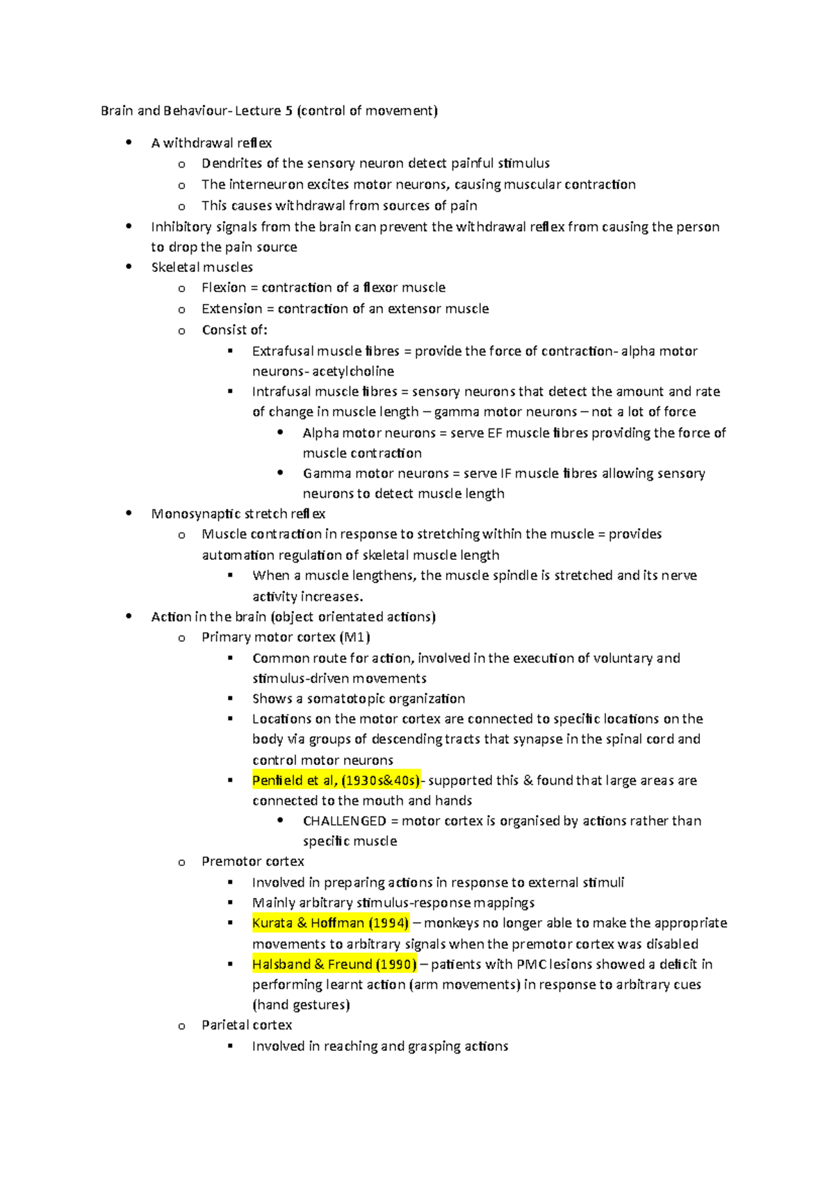 Control of Movement - Brain and Behaviour- Lecture 5 (control of ...