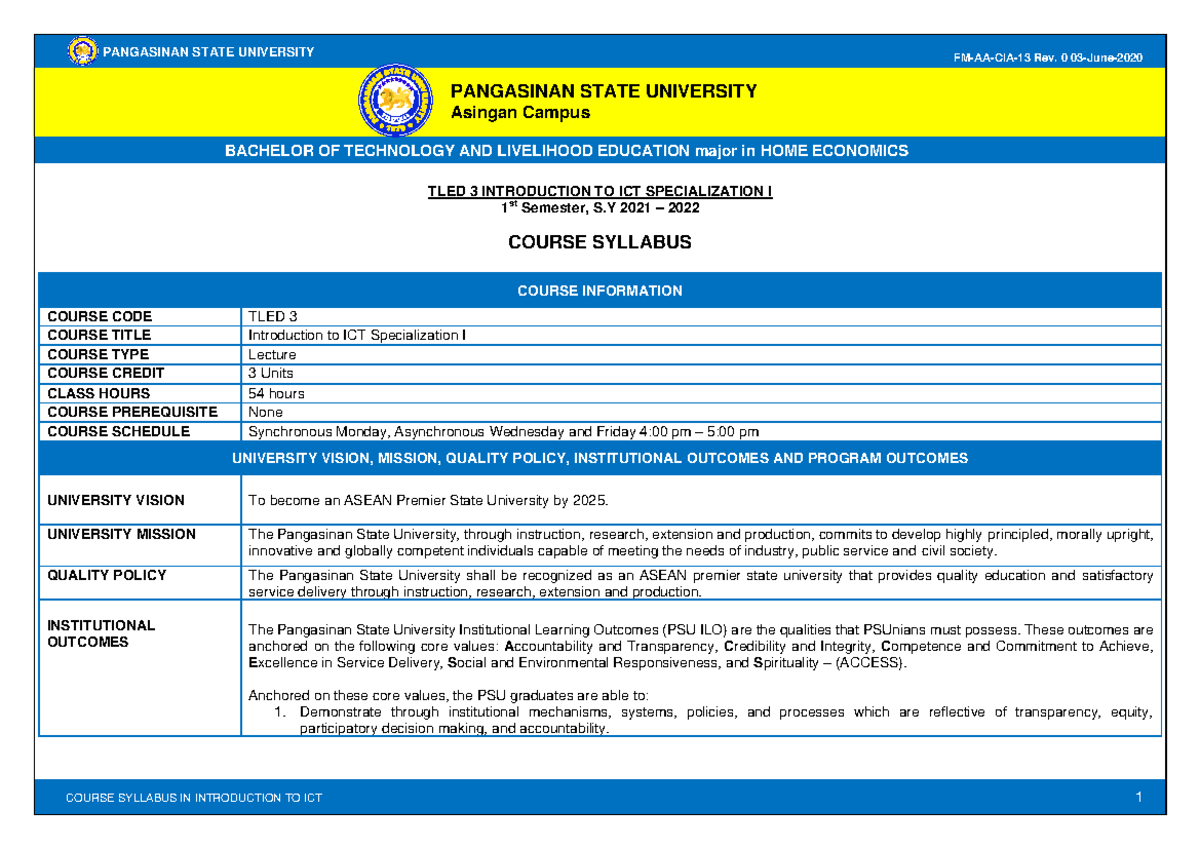 Syllabus TLED3 Introduction to Information and communication technology ...