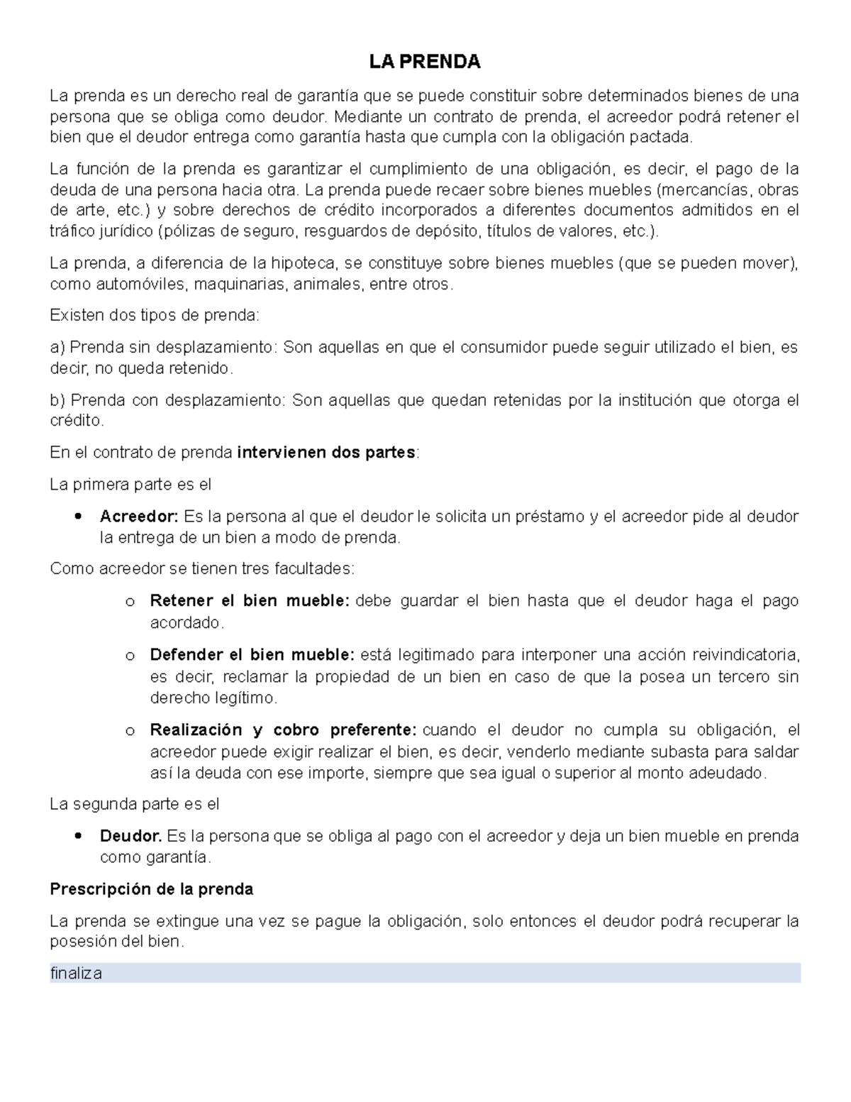 La Prenda,D - la prenda - LA PRENDA La prenda es un derecho real de ...