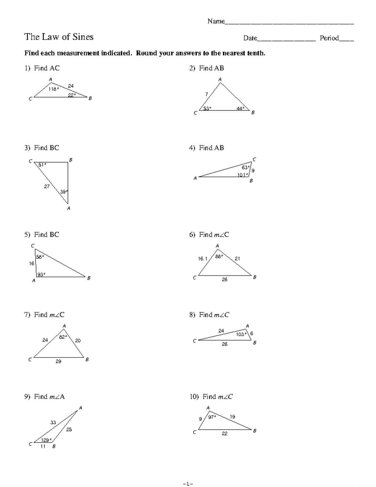 Law of Sines - Homework to do at home about Calculus - ©K w 2 T 0 v 1 X ...