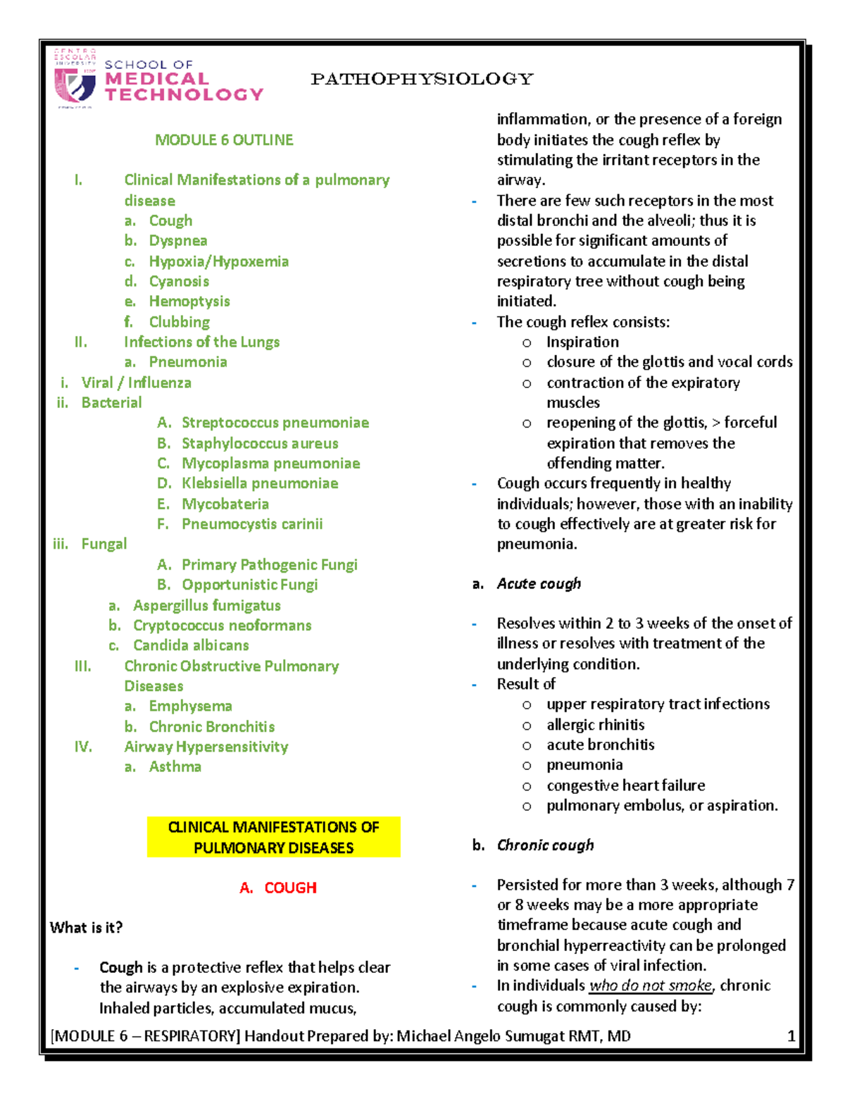 Module 6-Pathophysiology - MODULE 6 OUTLINE I. Clinical Manifestations ...
