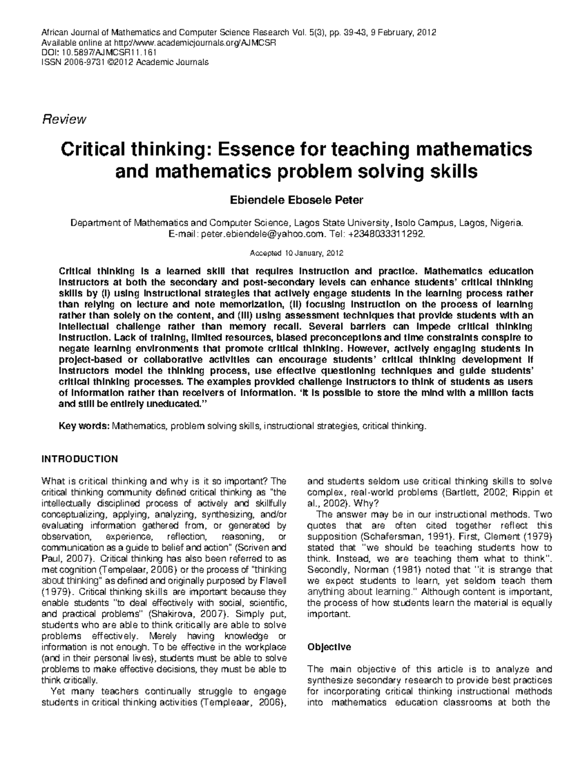 Critical thinking- Essence for teaching mathematics and mathematics ...