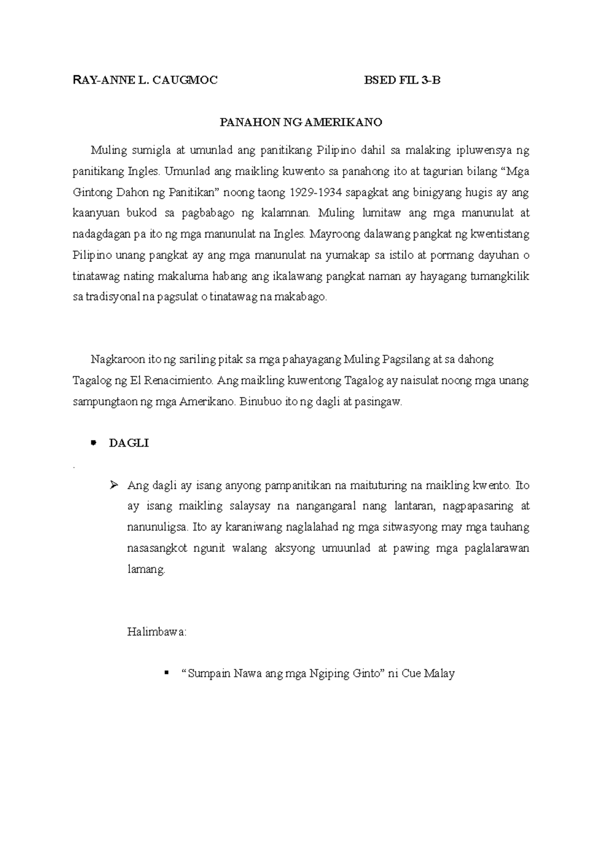 Fil 105 Modyul 3 - 2021 Pampanitikan Filipino - RAY-ANNE L. CAUGMOC BSED FIL 3-B PANAHON NG ...