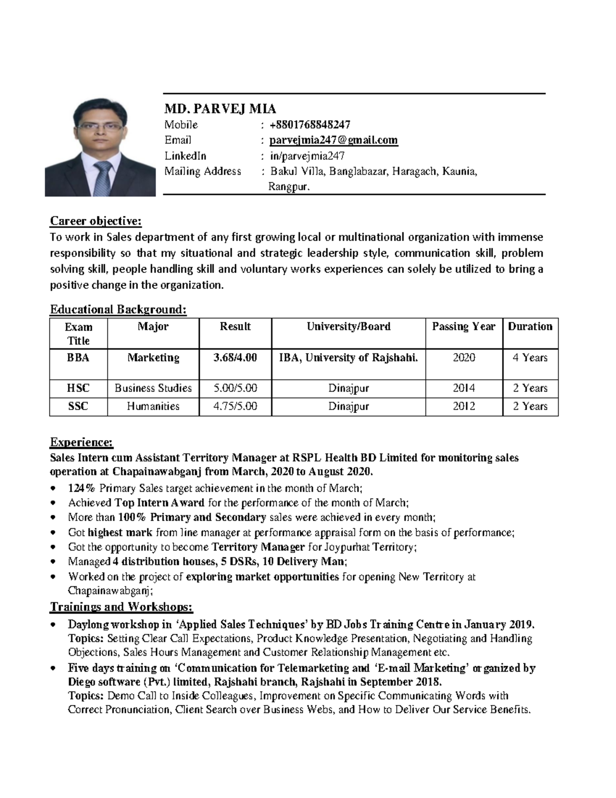 Resume Parvej BBA at IBA University of Rajshahi - MD. PARVEJ MIA Mobile : + Email : - Studocu