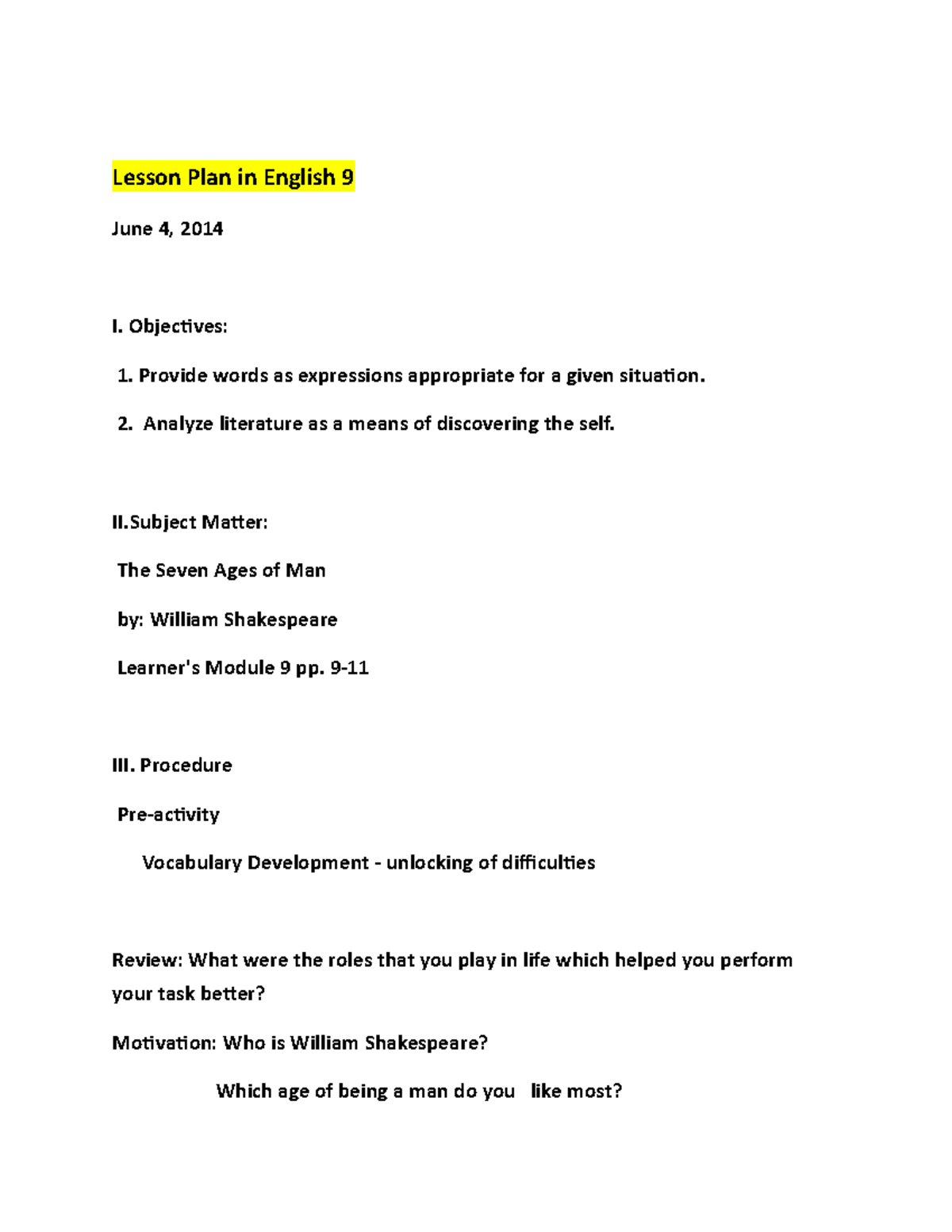 Lesson Plan Grade 9 - Lesson Plan in English 9 June 4, 2014 I ...