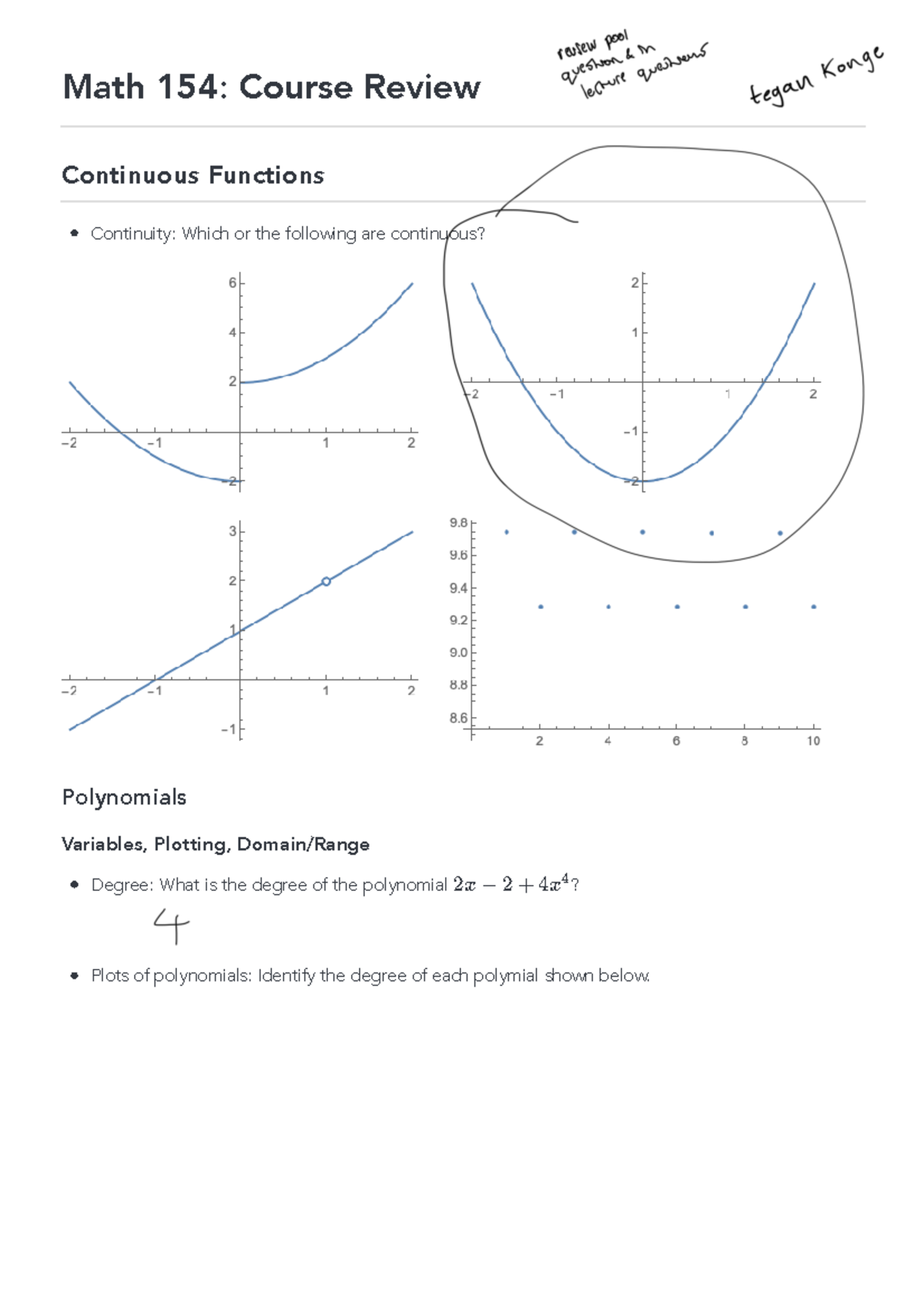 Math 154 Course Review - Math 154: Course Review Continuous Functions Continuity: Which or the ...