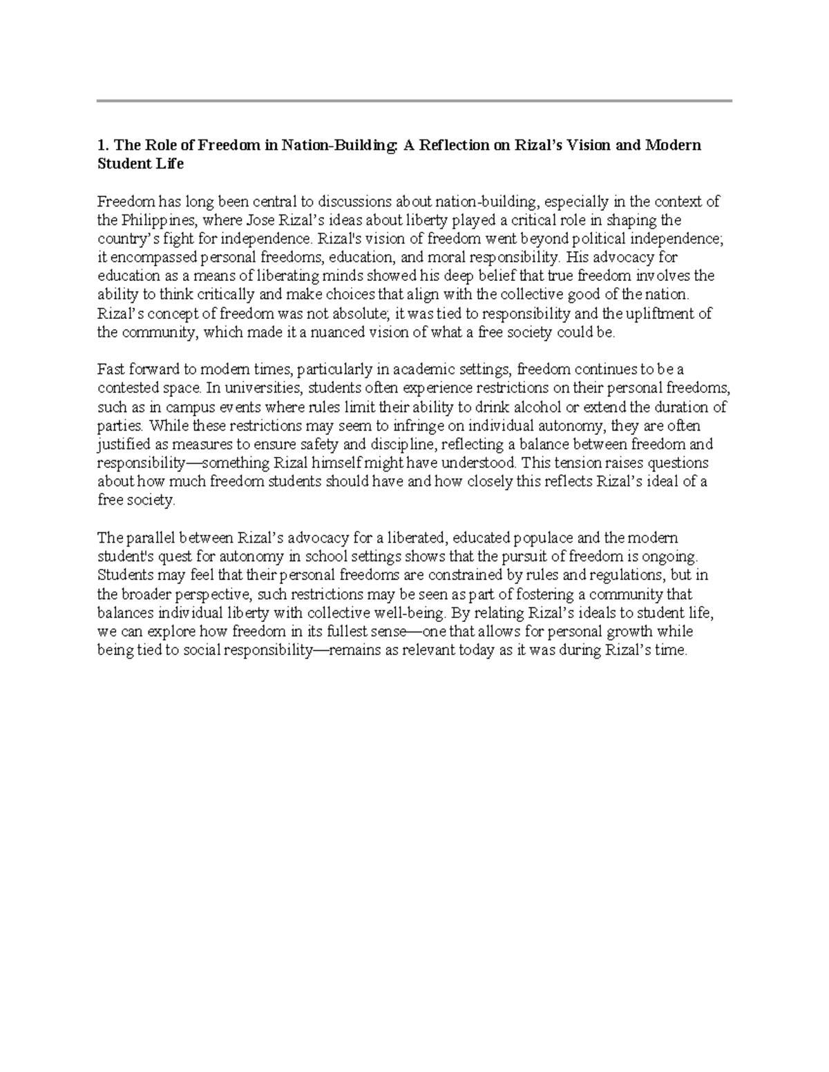 Essay 1 - The Role of Freedom in Nation-Building: A Reflection on Rizal ...