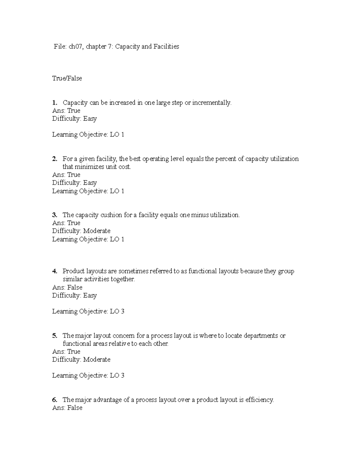 Multiple Choice Ch 7 - File: ch07, chapter 7: Capacity and Facilities ...