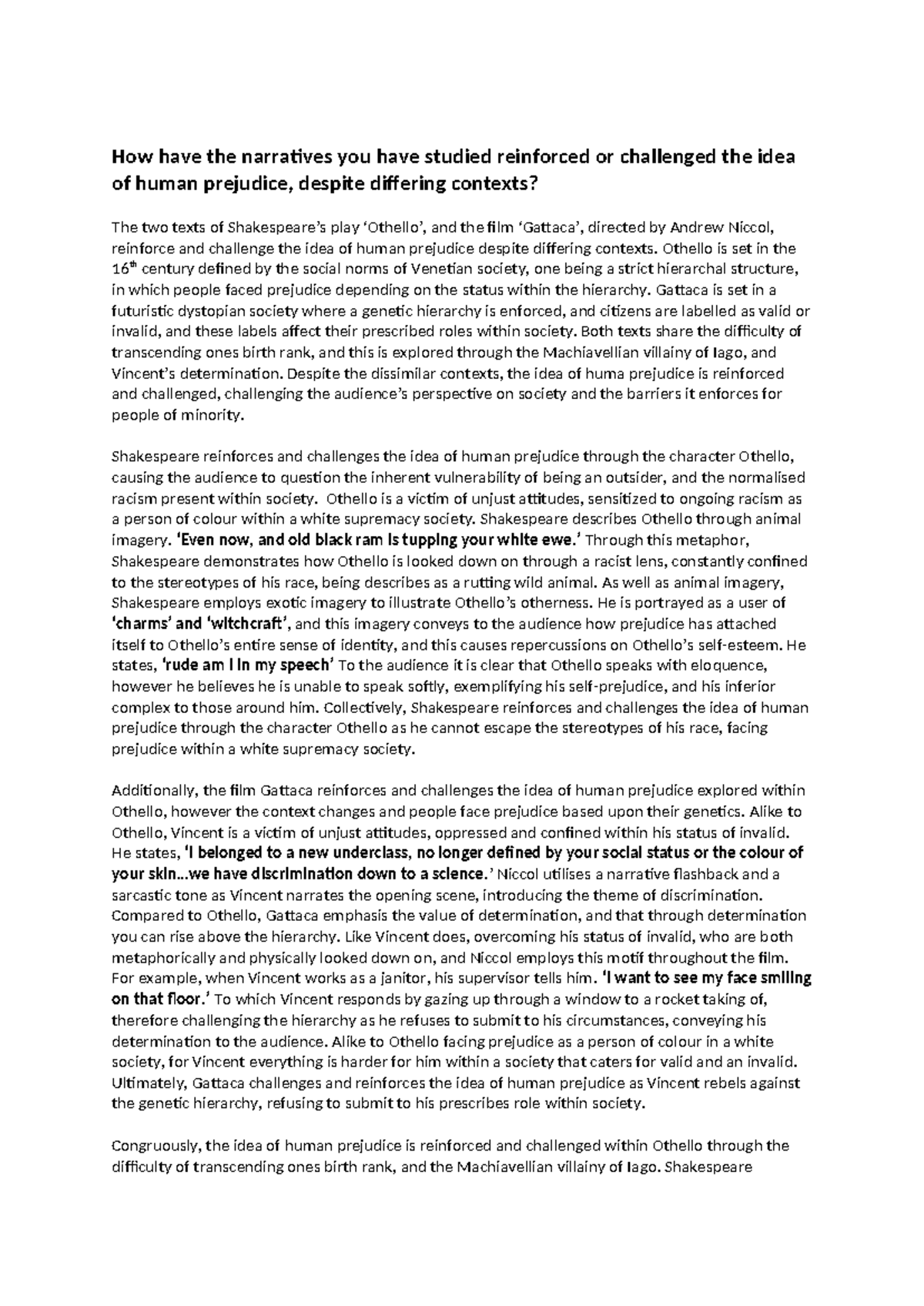 Othello Gattaca essay - How have the narratives you have studied ...