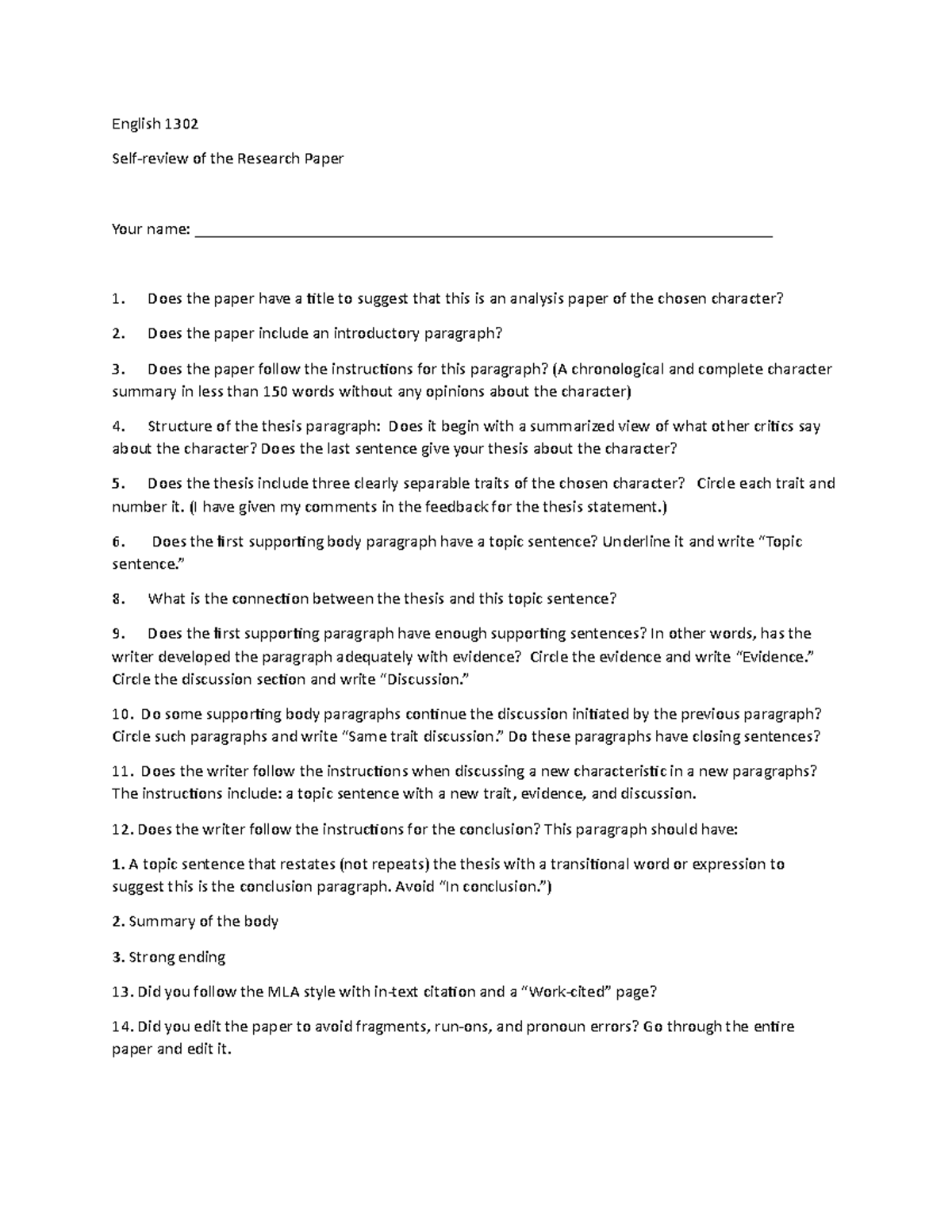 Eng1302Research Self-Review Worksheet - English 1302 Self-review of the ...