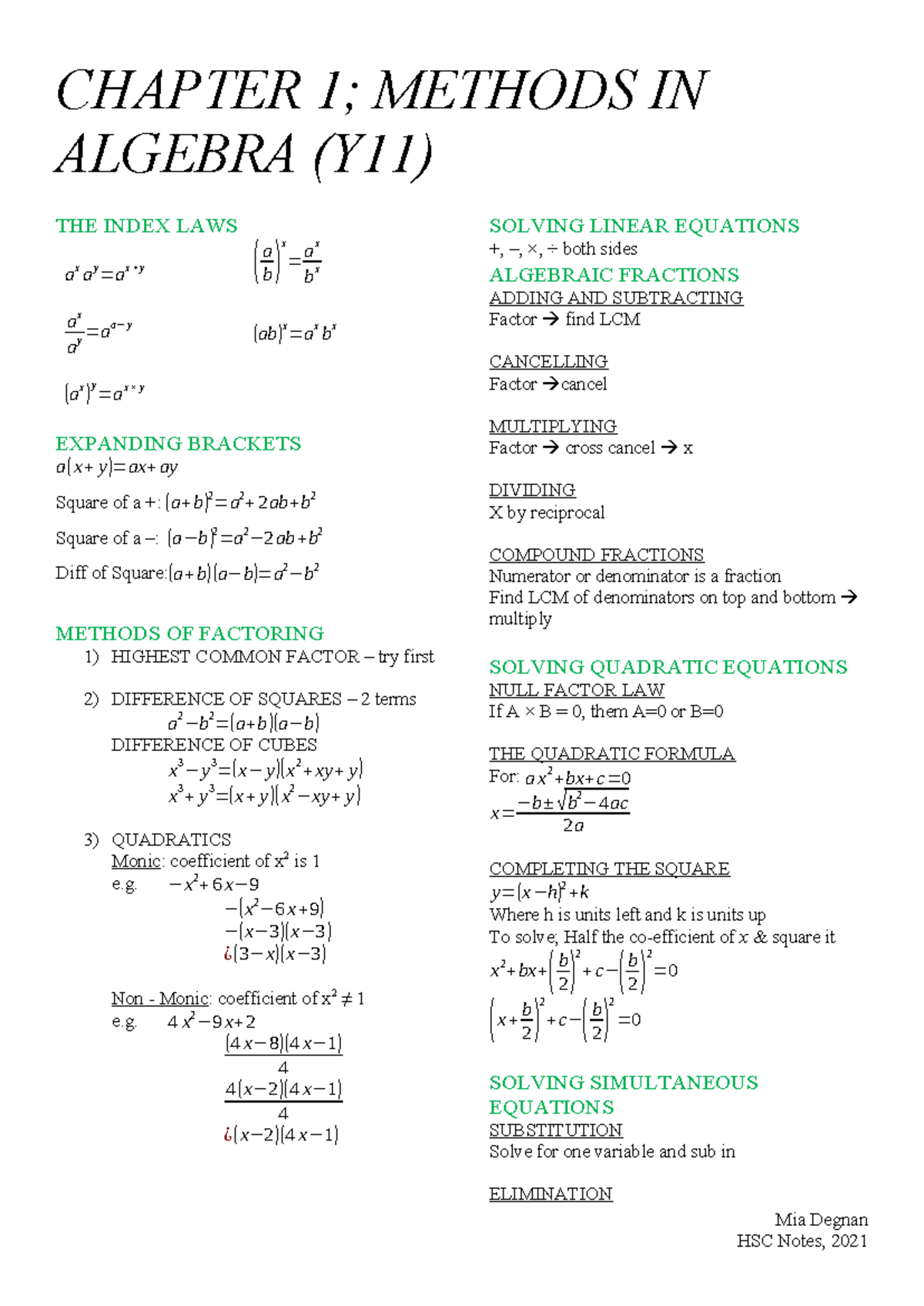 Mathematics Advanced HSC Summary Notes - CHAPTER 1; METHODS IN ALGEBRA ...