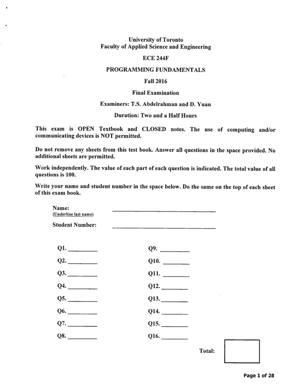 Exam 12 December 2016, questions - University of Toronto Faculty of ...