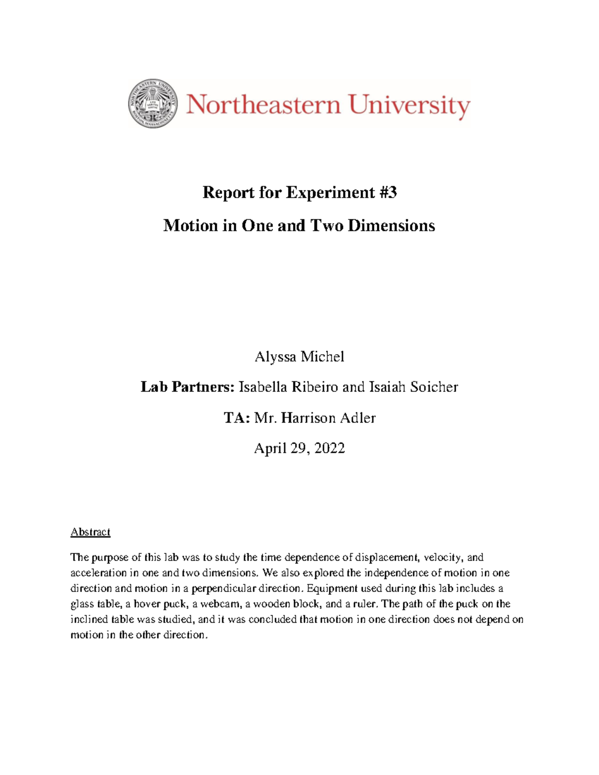 Lab 2 Physics Experiment 3 - Report for Experiment Motion in One and ...