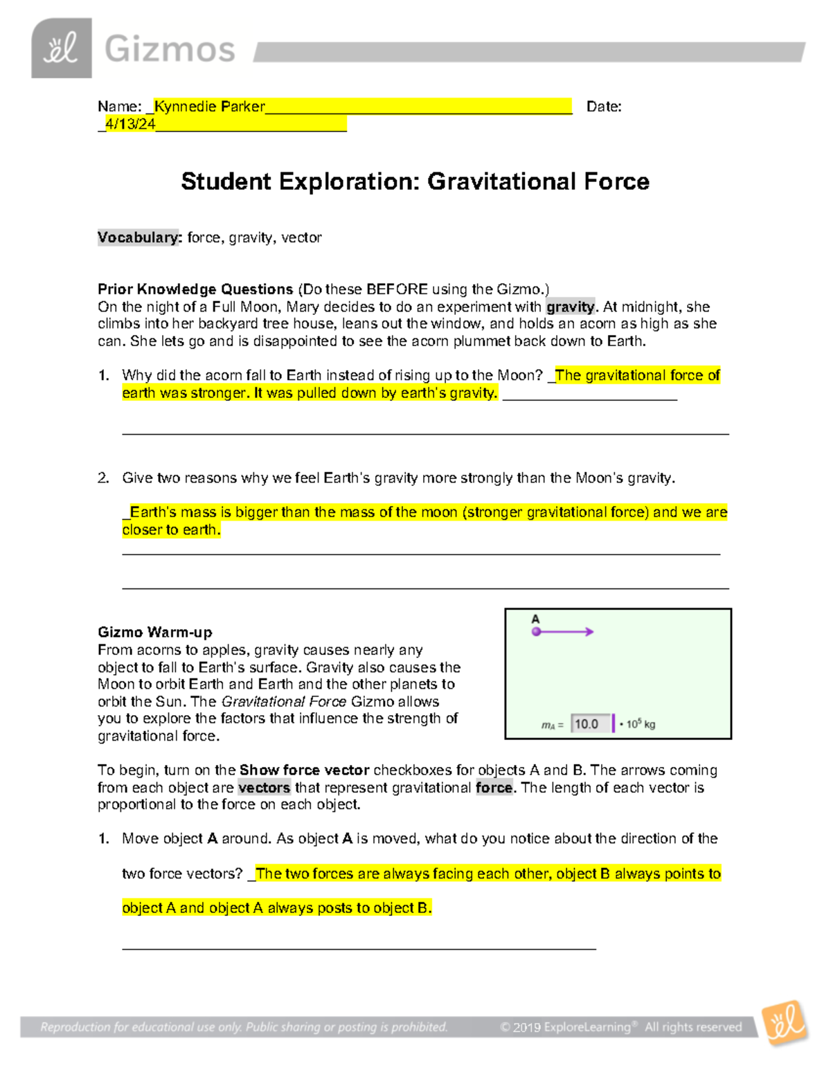 Gravitational Force SE - Name: Kynnedie Parker____________________________________ Date: 4/1 3 ...