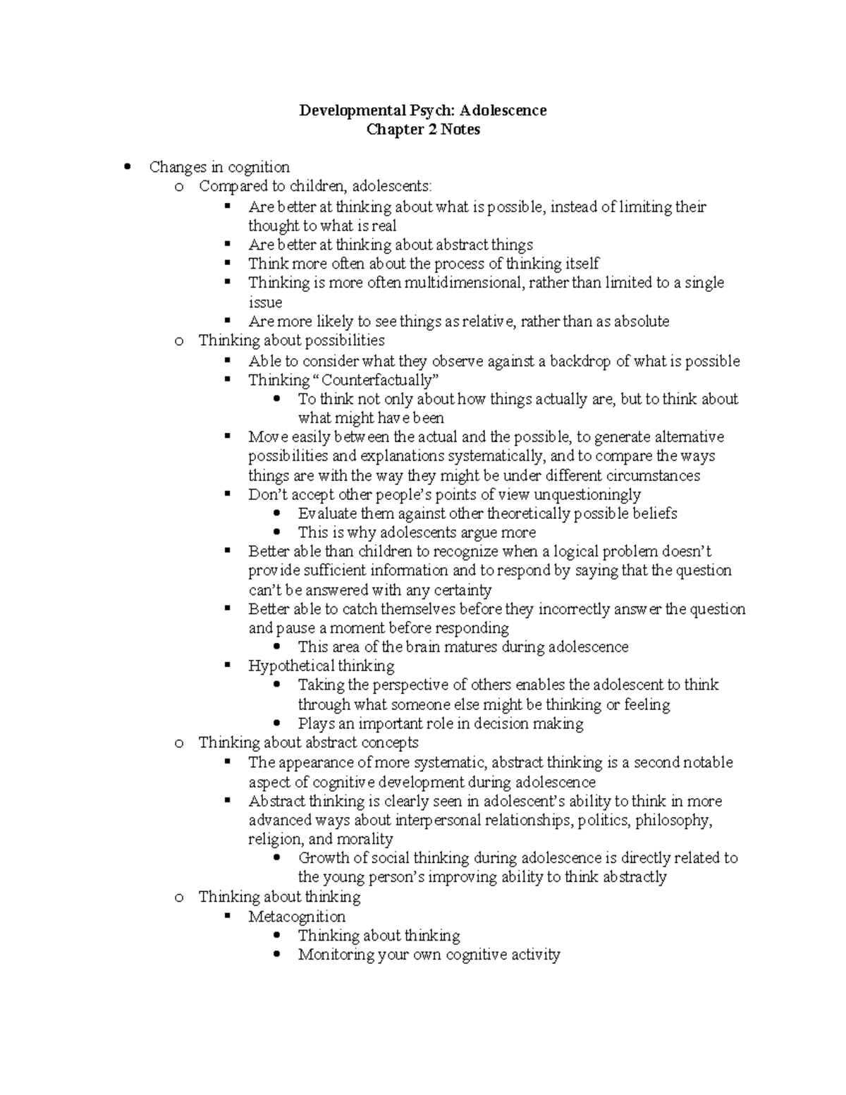Adolescence Chapter 2 Notes - Developmental Psych: Adolescence Chapter ...