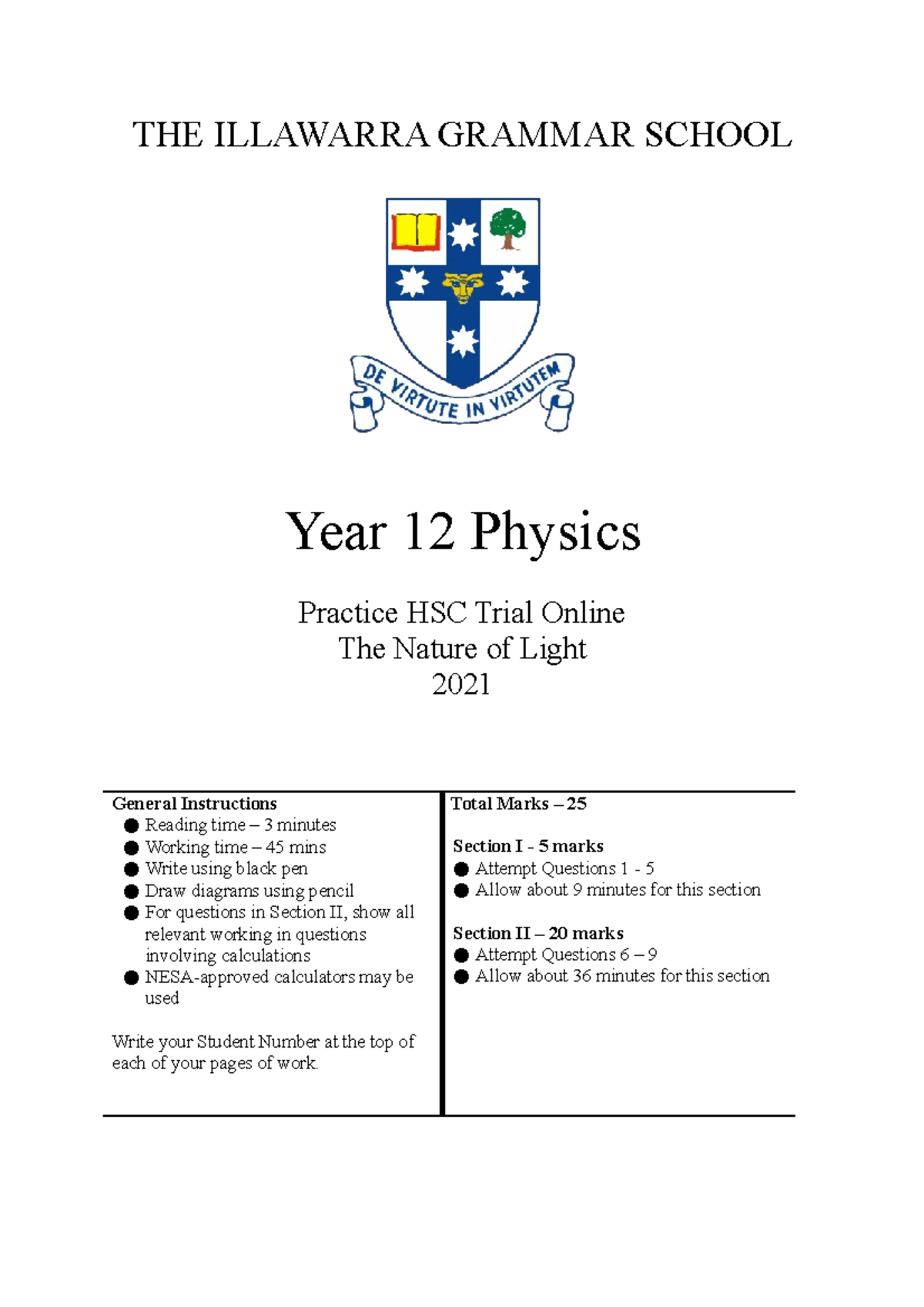 Practice HSC Trial Online The Nature of Light 2021 - THE ILLAWARRA ...