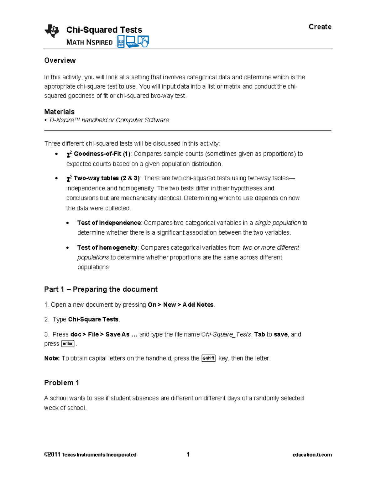Chi-square-Create - vsdvd - Chi-Squared Tests M ATH NSPIRED Overview In ...