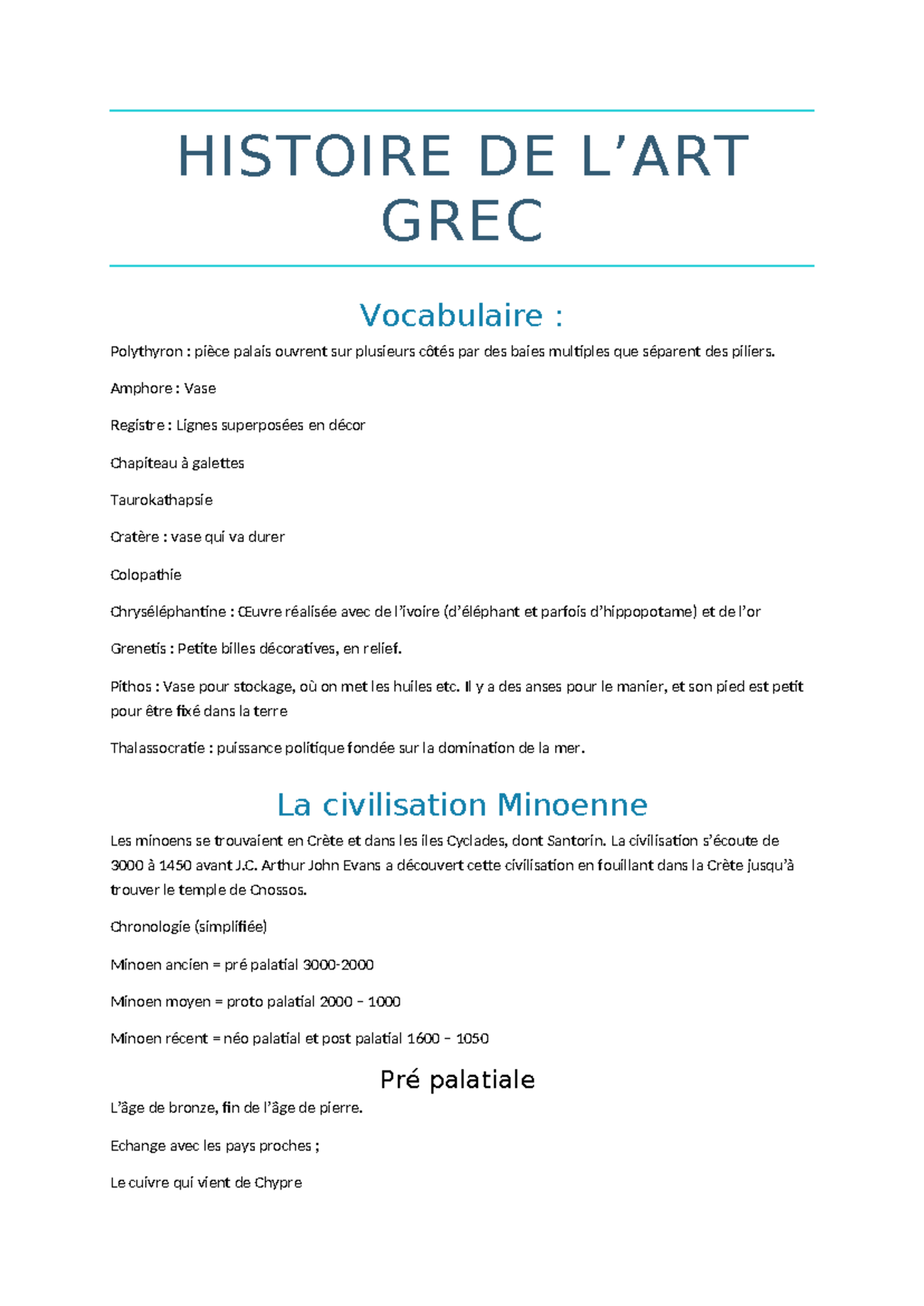 Histoire art Grece - Minoens - HISTOIRE DE L’ART GREC Vocabulaire ...