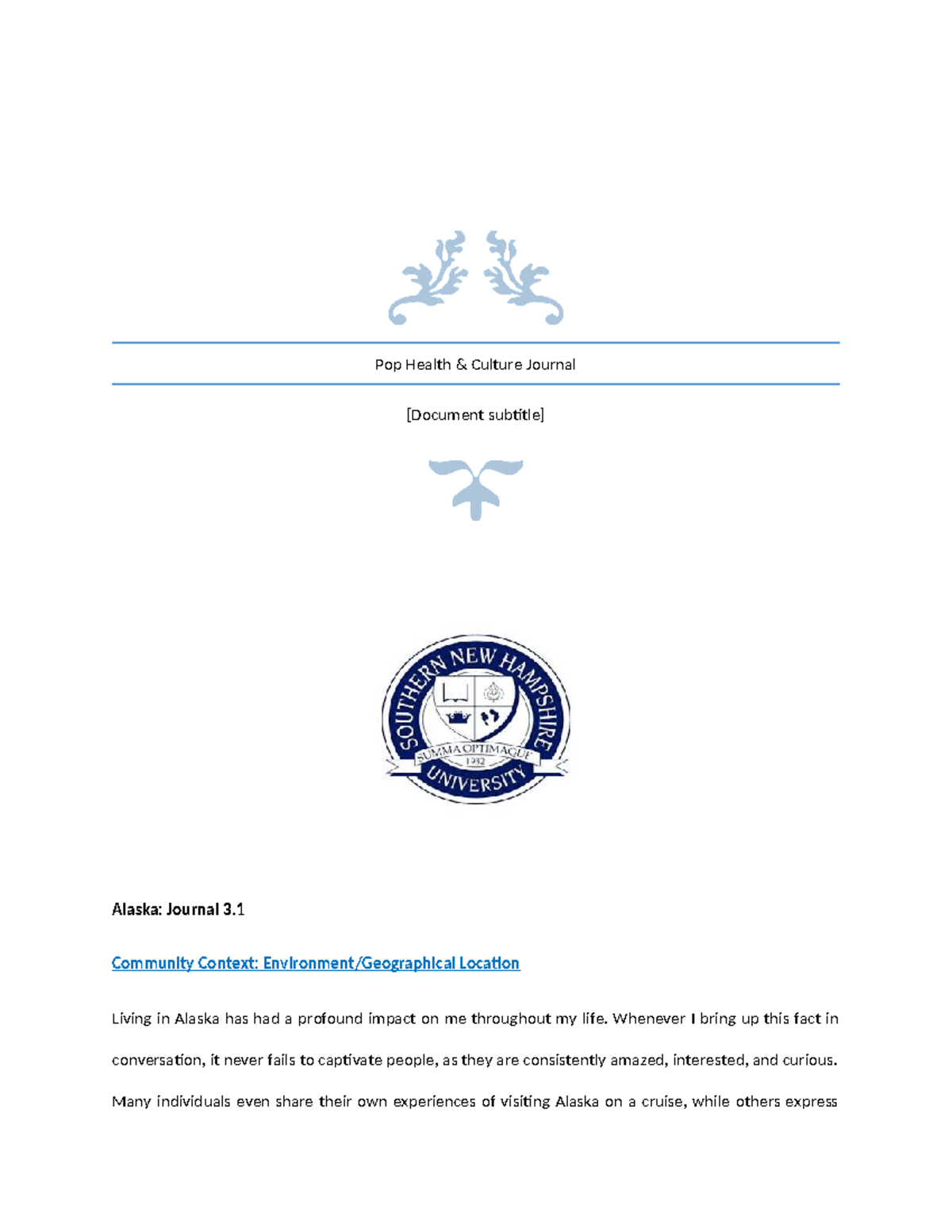 Pop Health-Journal 3.1 - Pop Health & Culture Journal [Document subtitle] Alaska: Journal 3 ...