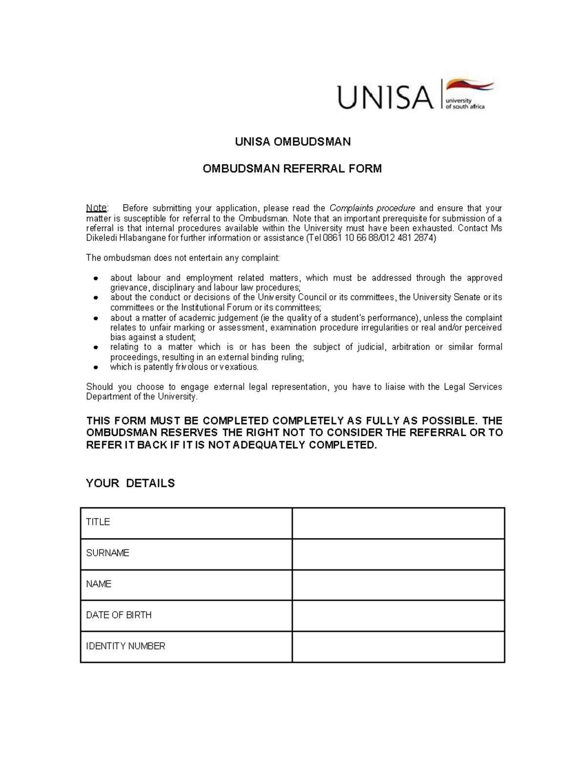 Ombudsman Referral Form 01Nov2017 - UNISA OMBUDSMAN OMBUDSMAN REFERRAL ...