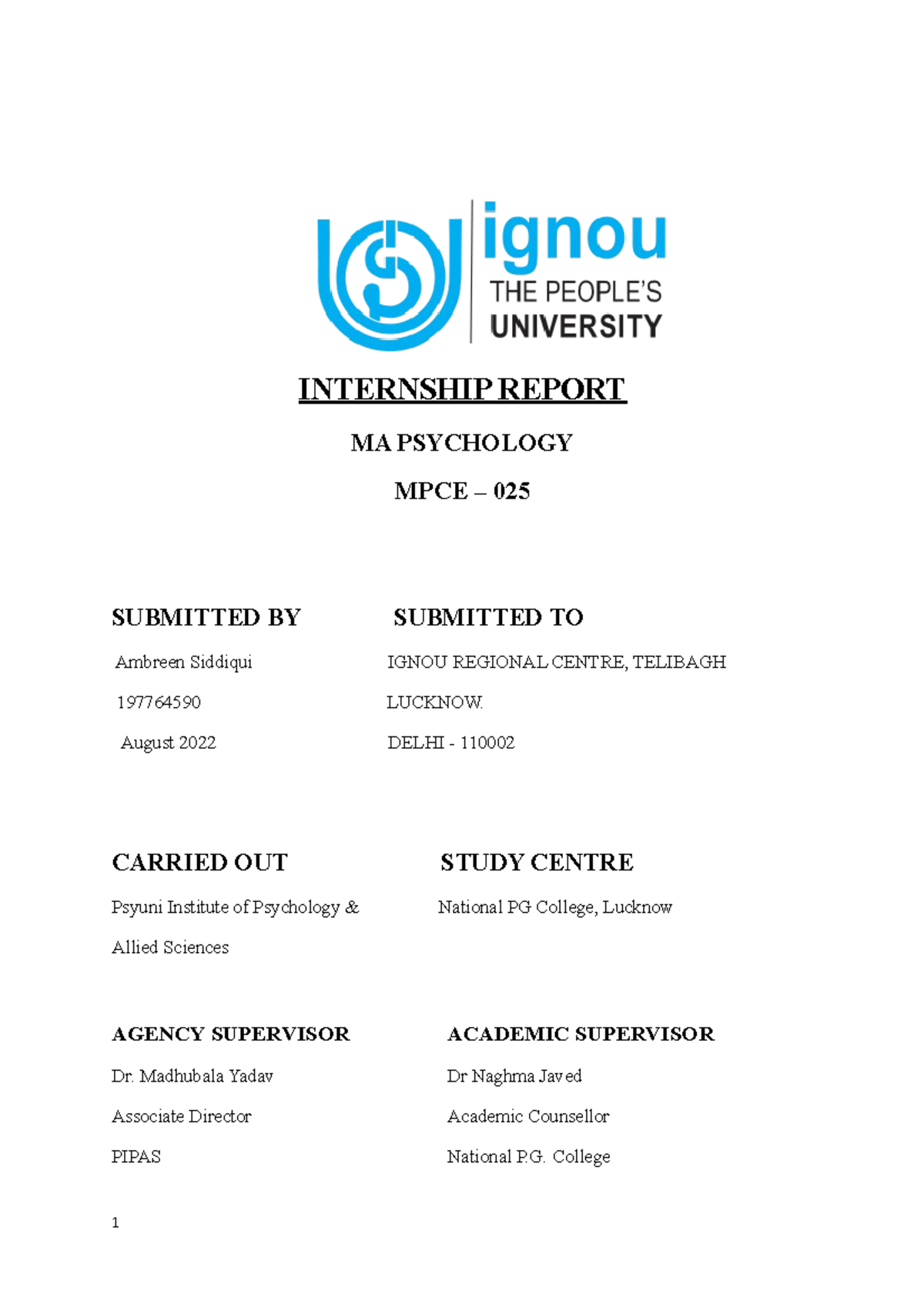 Internship Report Amber - INTERNSHIP REPORT MA PSYCHOLOGY MPCE – 025 ...