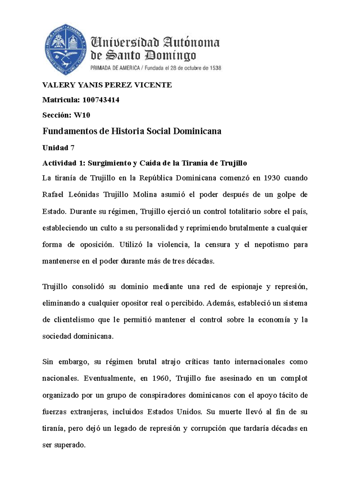Unidad 7 - HISTORIa - VALERY YANIS PEREZ VICENTE Matricula: 100743414 ...