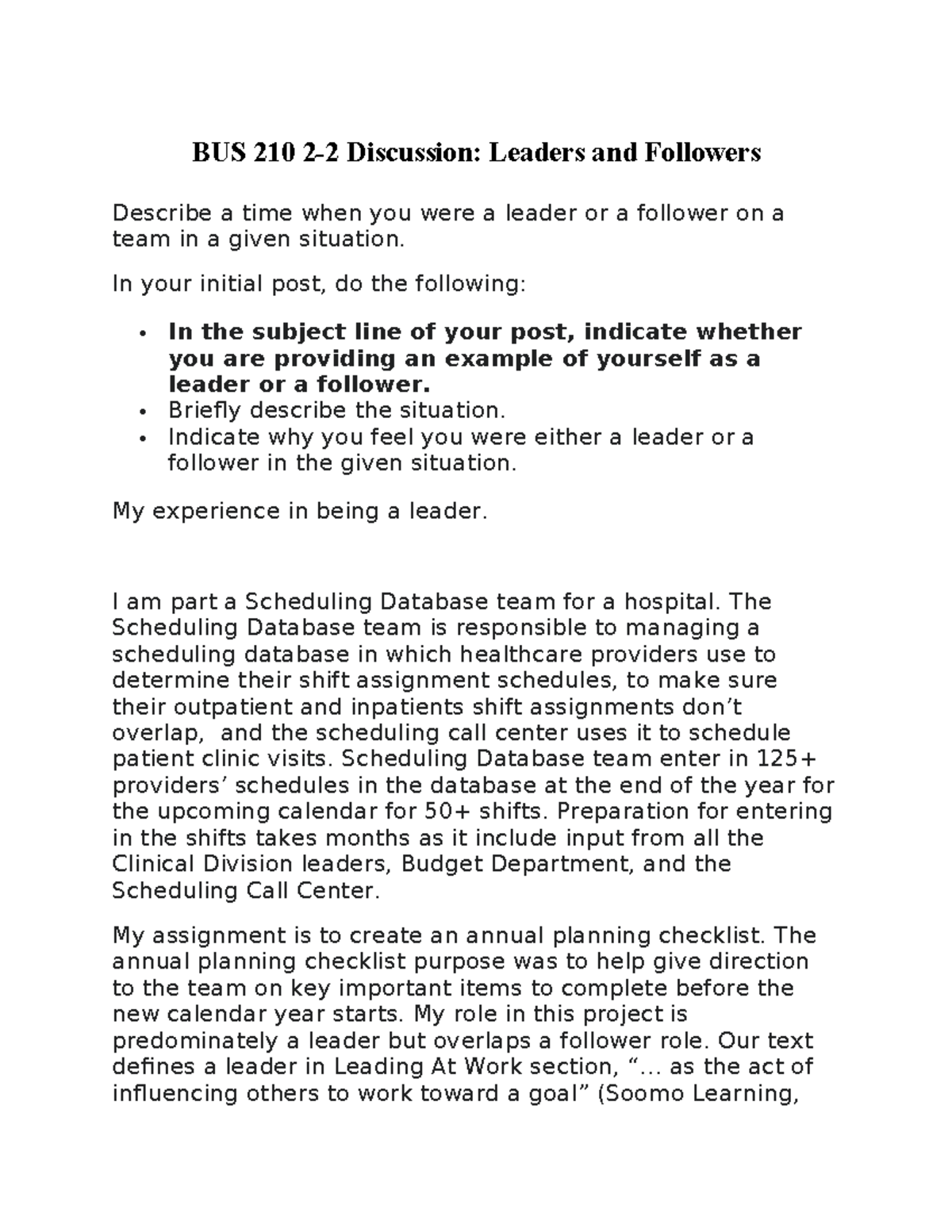 BUS 210 Module 2-2 Discussion- Leaders and Followers Grade A - BUS 210 ...