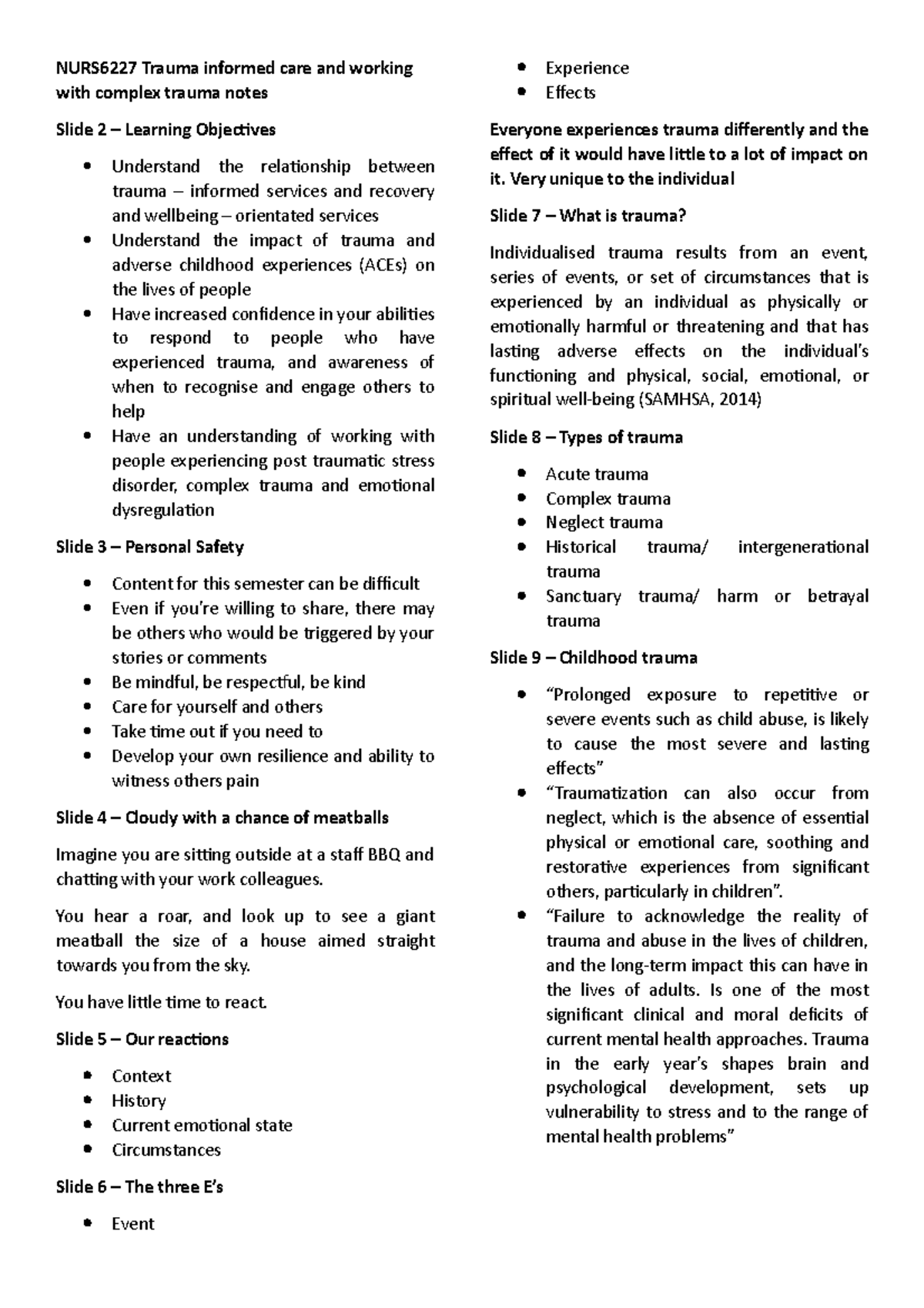 8 NURS6227 Trauma notes - NURS6227 Trauma informed care and working ...