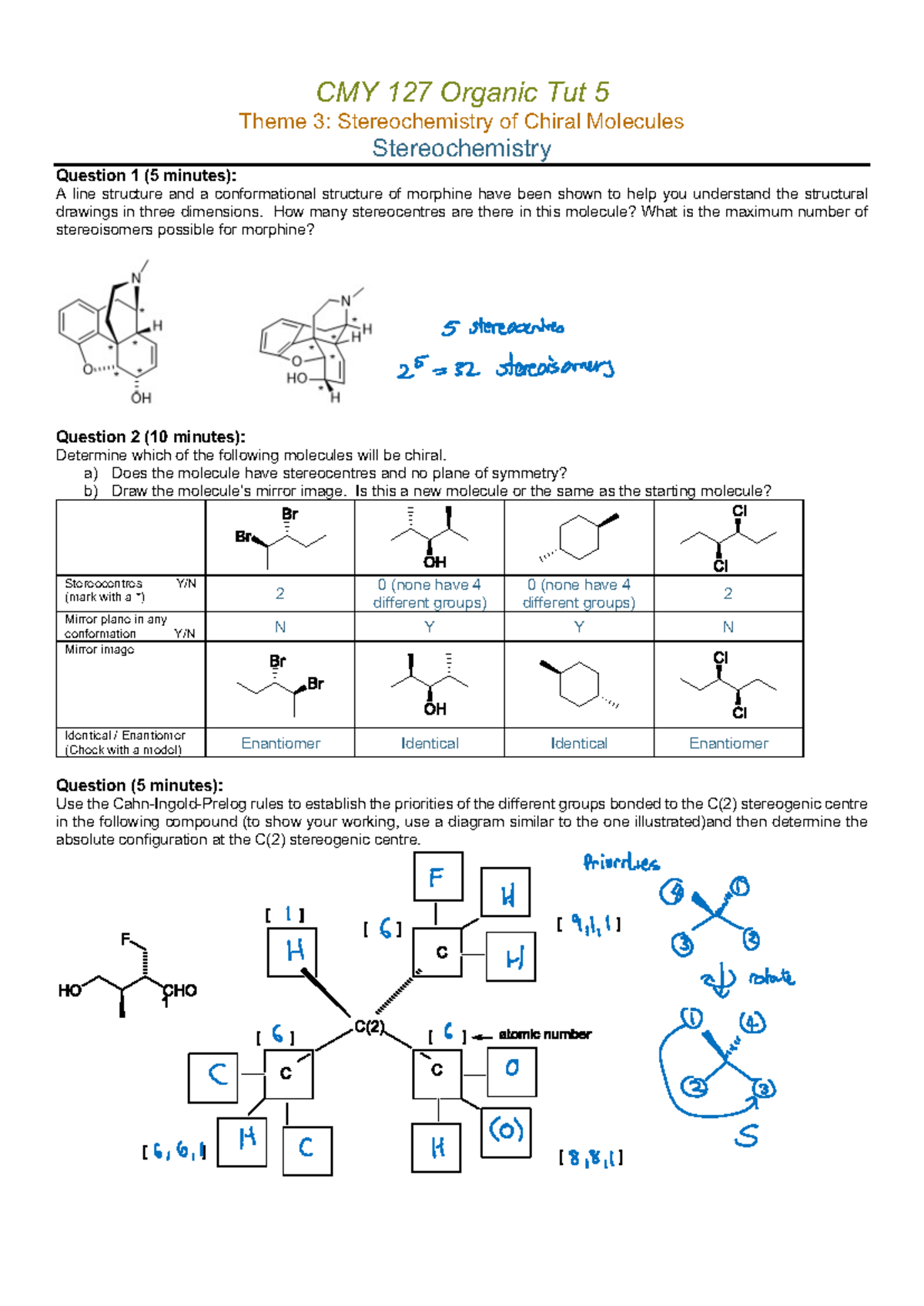 CMY 127 Tut 5 Stereochemistry 2024 MEMO - CMY 127 Organic Tut 5 Theme 3: Stereochemistry of ...