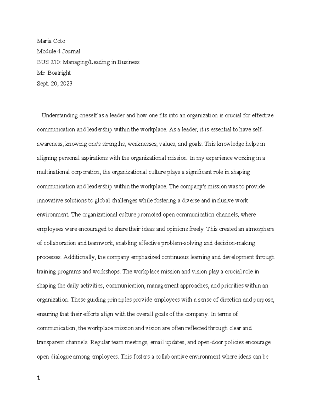 BUS 210 Module Four Journal - Maria Coto Module 4 Journal BUS 210 ...