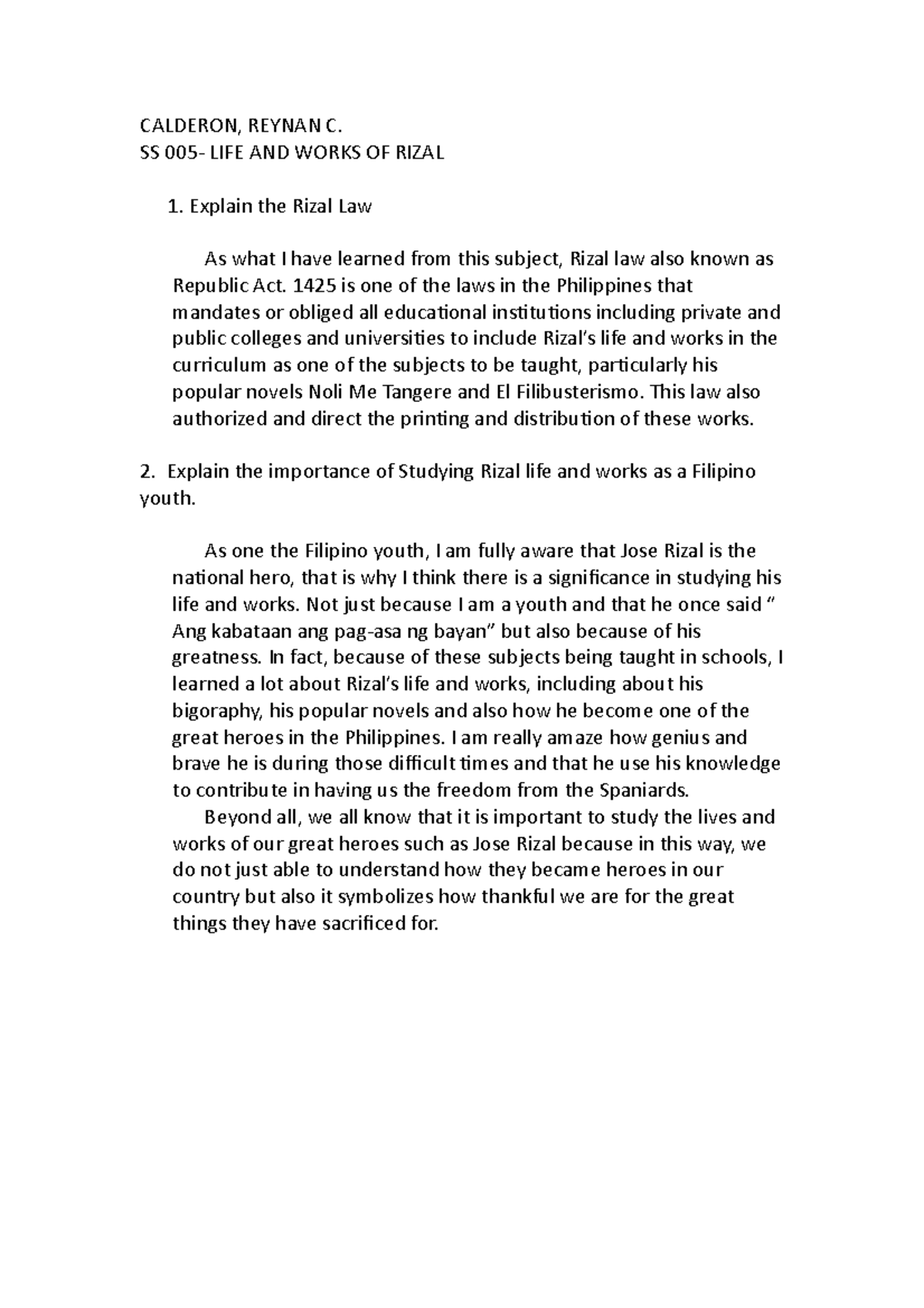 Calderon, Reynan C. Activity 1 LIFE AND Works OF Rizal - CALDERON ...