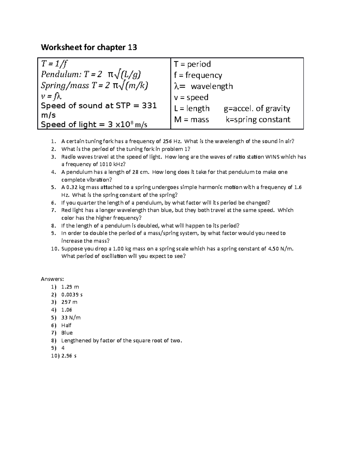 Worksheet for chapter 13 - of gravity M = mass k=spring constant A ...