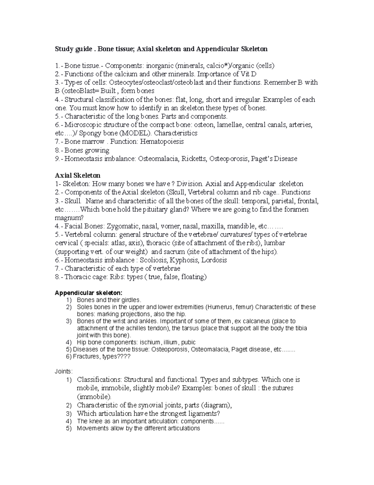 -Study guide 3 Bone Tissue- Axial - Appendicular skeleton - Study guide ...