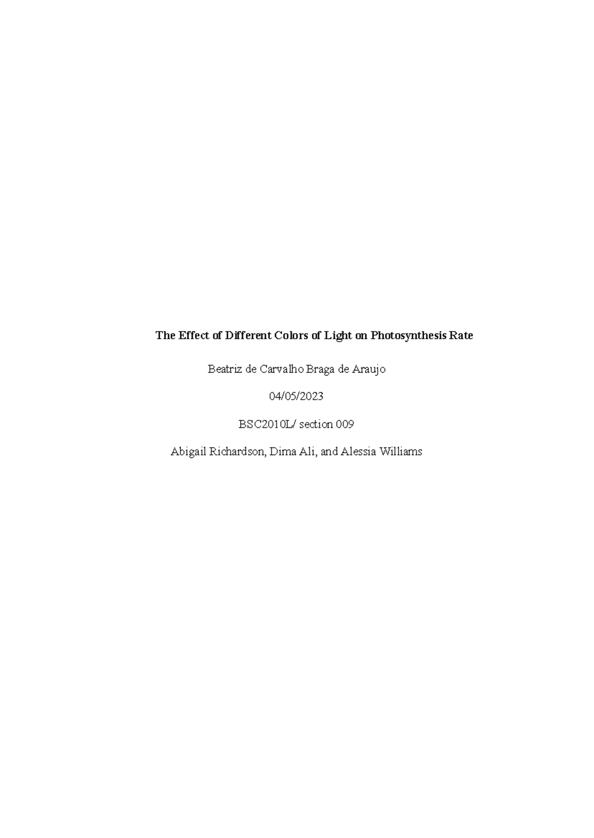 Lab report bio - The Effect of Different Colors of Light on ...