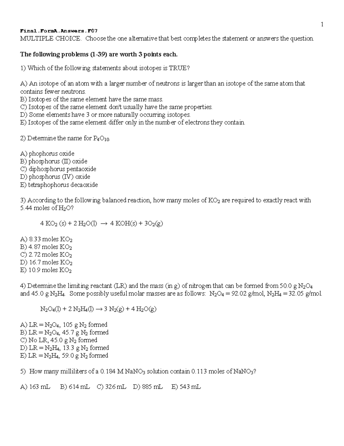 Chem 1A Final Example - Final.FormA.Answers MULTIPLE CHOICE. Choose the one alternative that ...