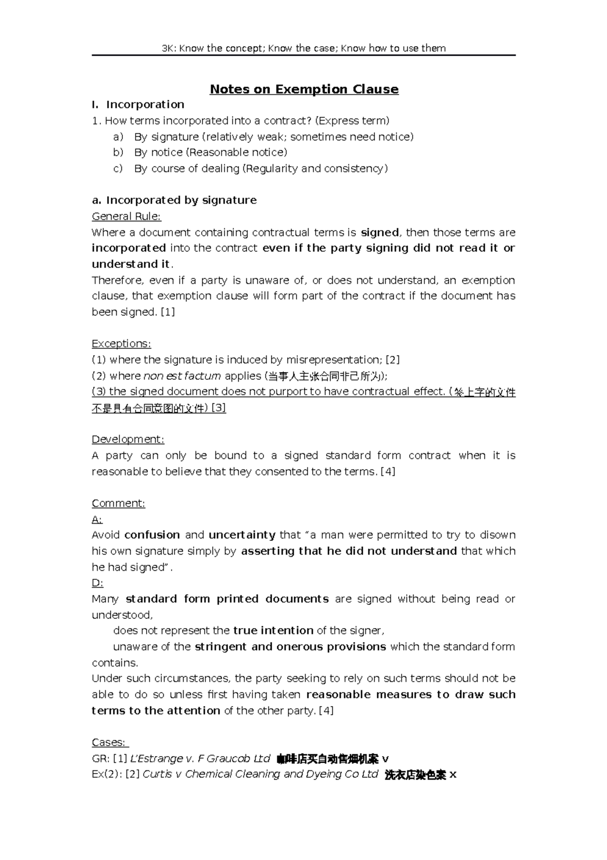 Notes on Exemption Clause - Incorporation How terms incorporated into a ...