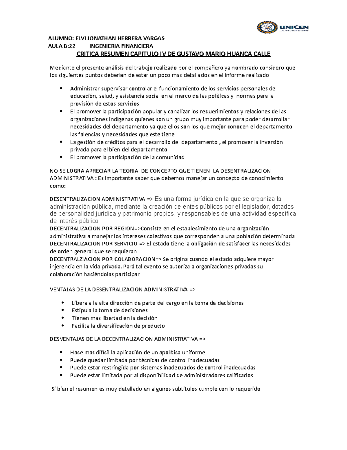 Critica Resumen Capitulo IV DE Gustavo Mario Huanca Calle - ALUMNO ...