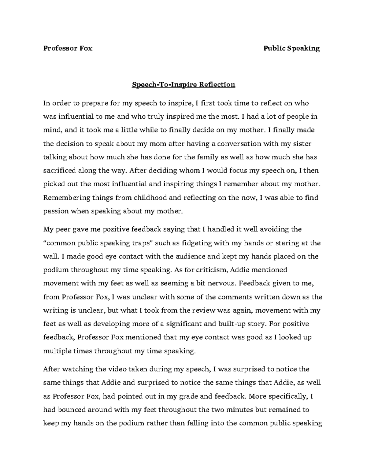 Speech-To-Inspire Reflection - Professor Fox Public Speaking Speech-To ...