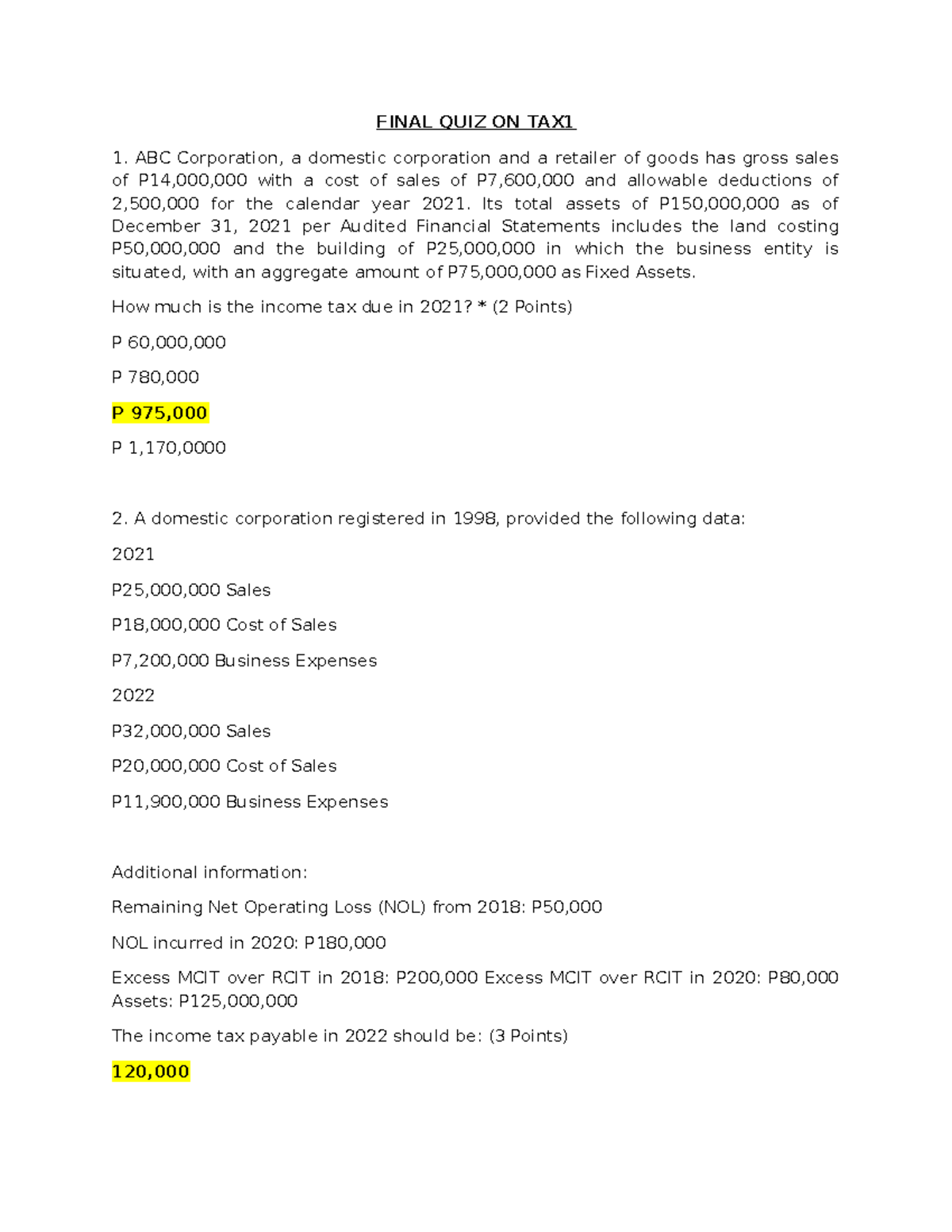 Accounting Reviewer About Tax That Will Help Students FINAL QUIZ ON