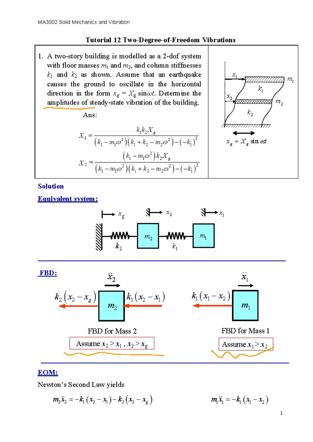 Solution to Tutorial Problems Tutorial 12 - Tutorial 12 Two-Degree-of-Freedom Vibrations 1. A ...
