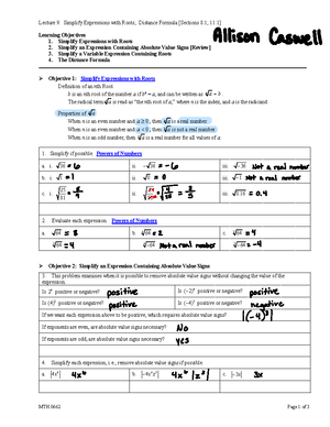 Worksheet 16-Intro to Complex Numbers and The Square Root Property 9 - MTH 0662 Page 1 of 2 ...