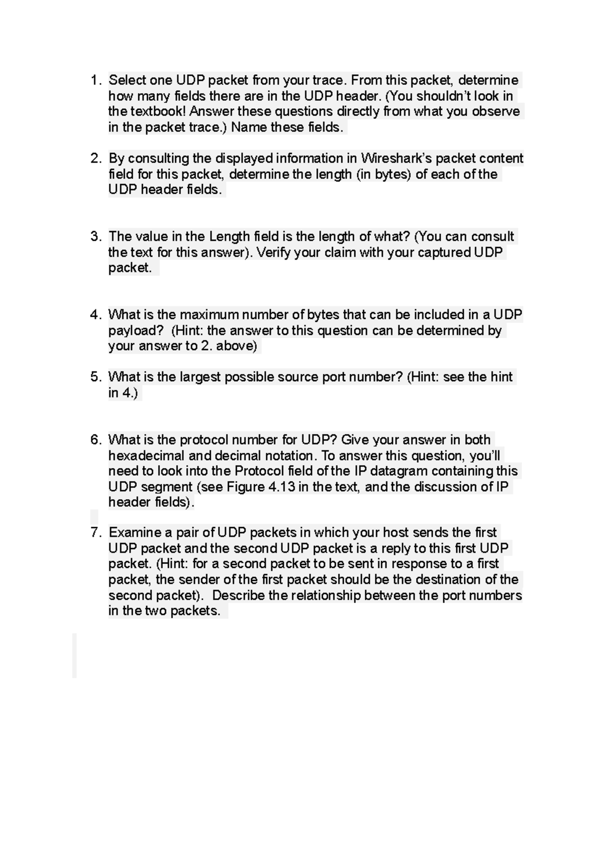 Lab 5 Lab 5 Answers Select One Udp Packet From Your Trace From This Packet Determine How