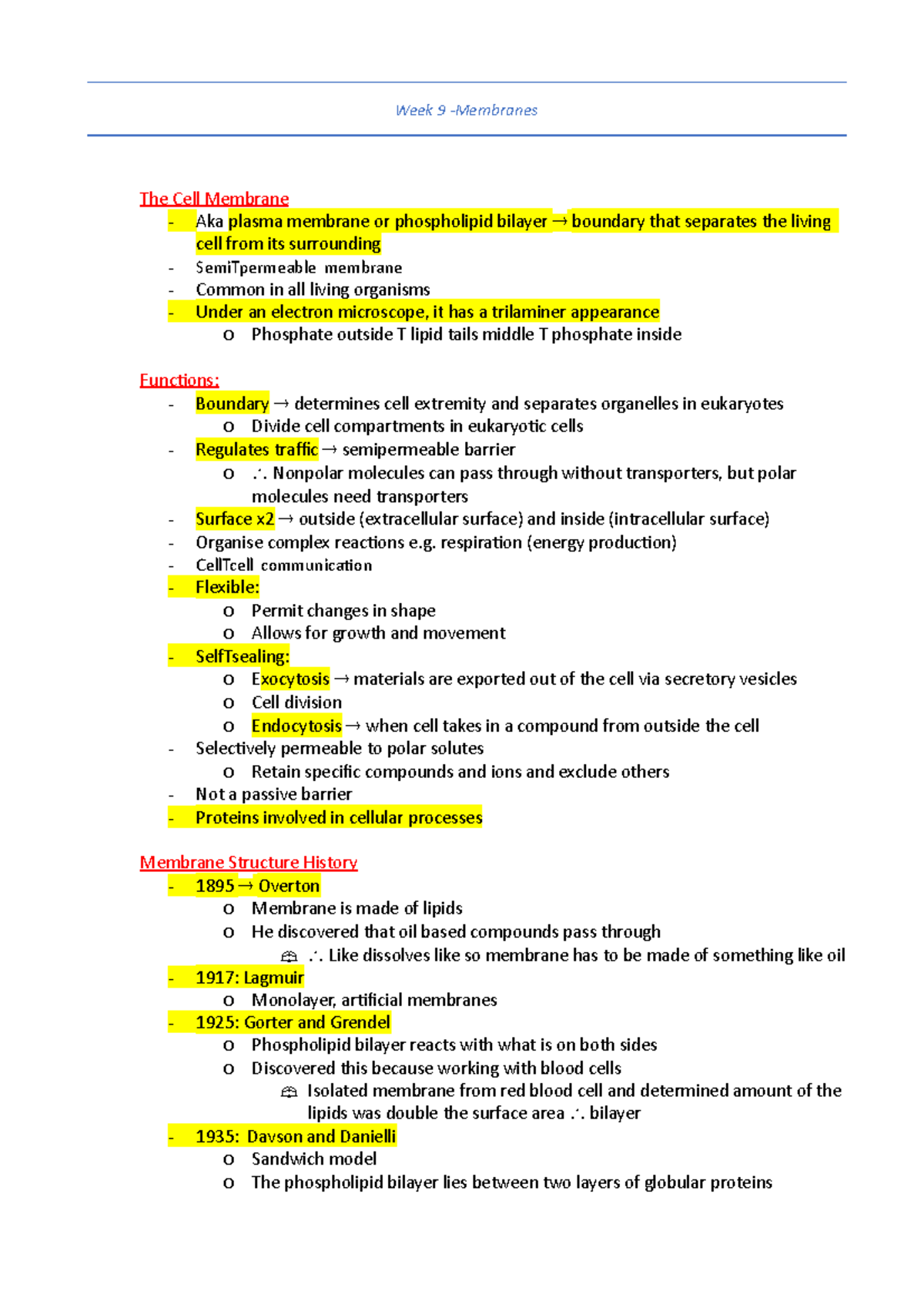 Week 9-10 - Lecture notes 9-10 - Week 9 -Membranes The Cell Membrane ...
