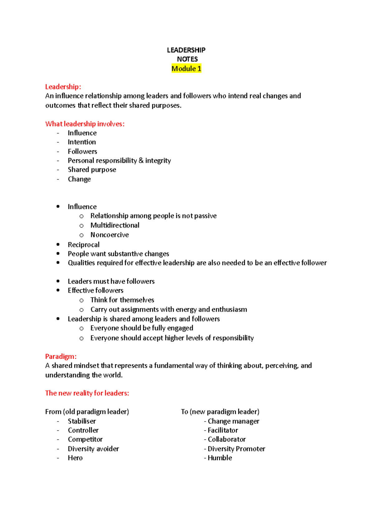 Leadership Notes - LEADERSHIP NOTES Module 1 Leadership: An influence ...