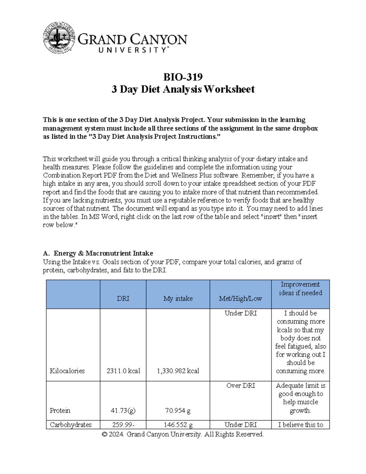 3 day diet - nutrition - BIO- 3 Day Diet Analysis Worksheet This is one ...
