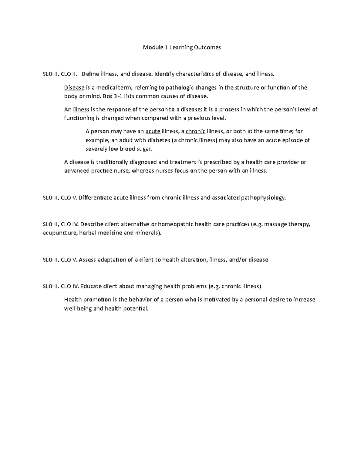 Module 1 Outcomes - Notes - Module 1 Learning Outcomes SLO II, CLO II ...
