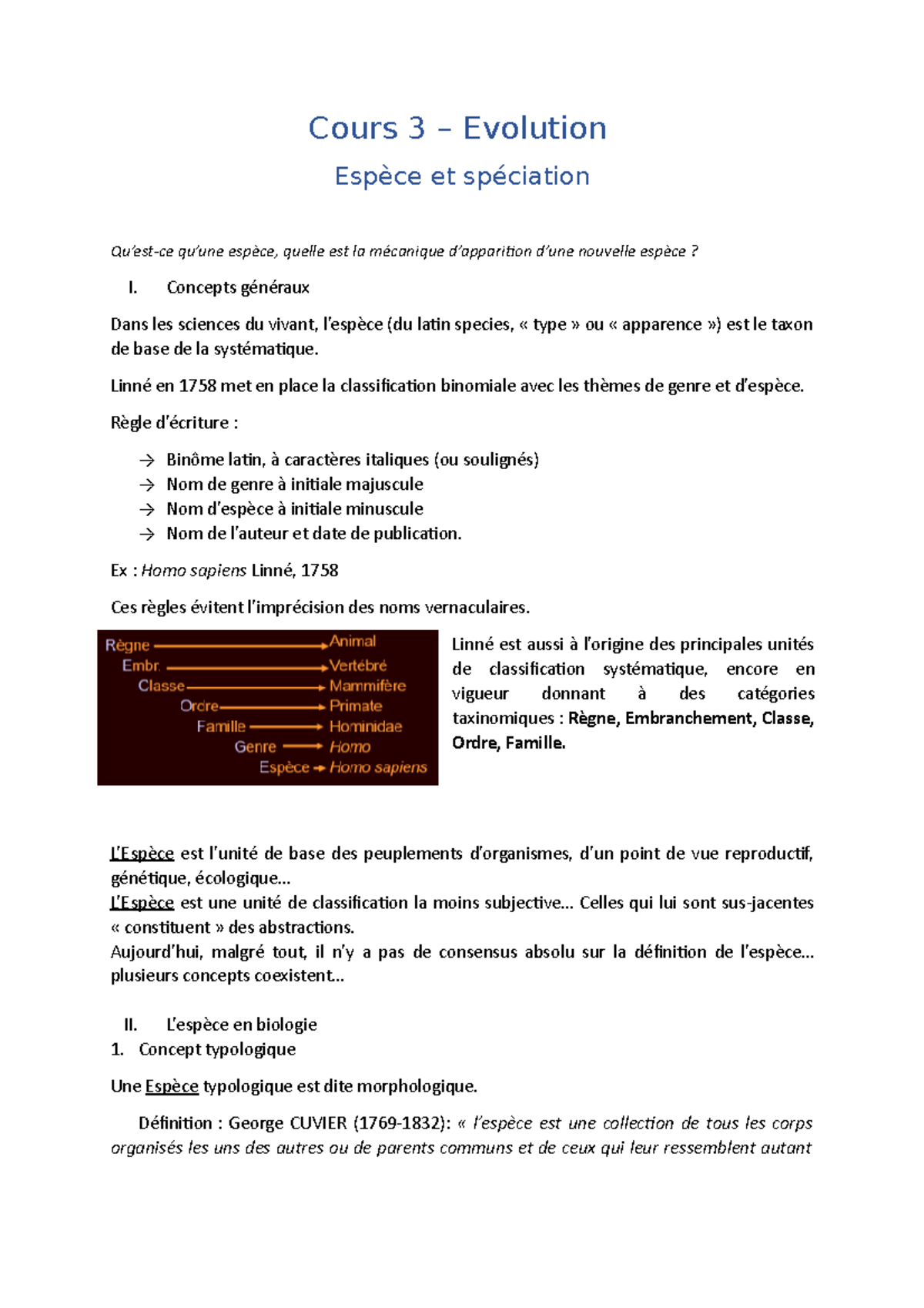 Chapitre 3 Evolution - Notes de cours 3 - Cours 3 – Evolution Espèce et ...
