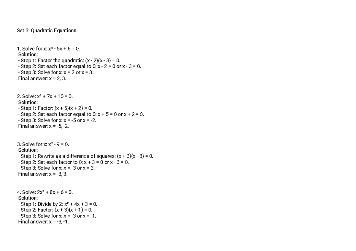 Math next test 2024 - next test - Set 3: Quadratic Equations Solve for ...