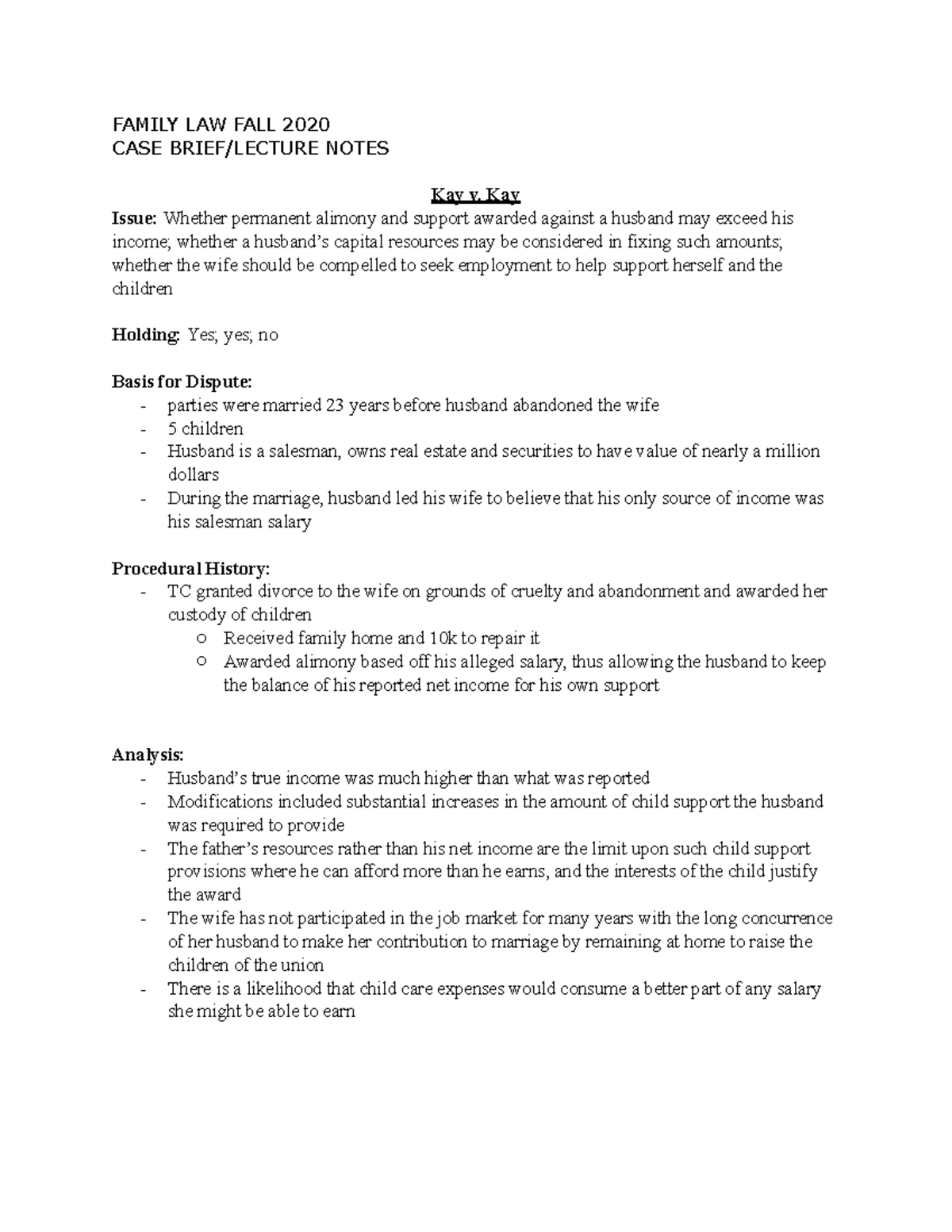 Kay v. Kay - Lecture notes 15 - FAMILY LAW FALL 2020 CASE BRIEF/LECTURE ...